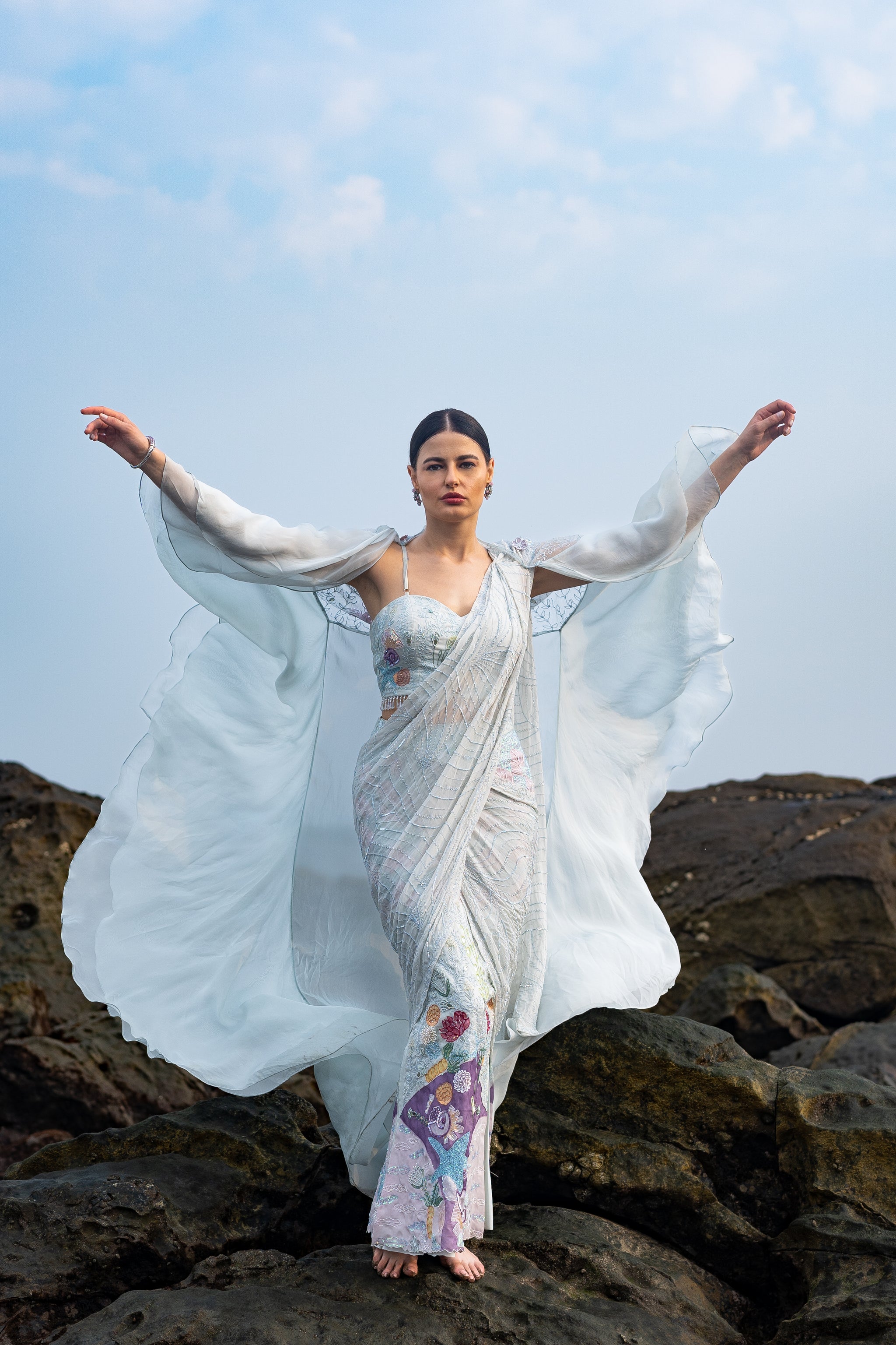 Mint Muse Ice Blue Draped Saree With Cape